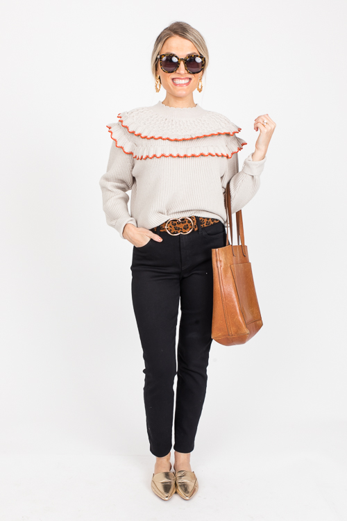 Ruffle Trim Cable Sweater, Grey - SALE - The Blue Door Boutique