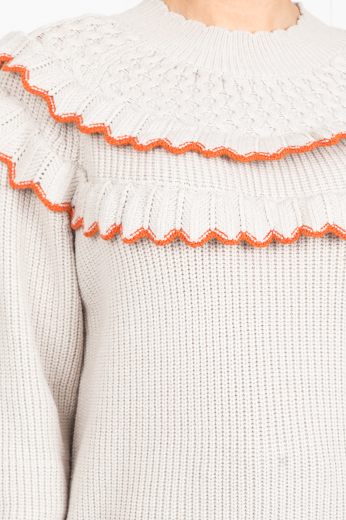 Ruffle Trim Cable Sweater, Grey - SALE - The Blue Door Boutique