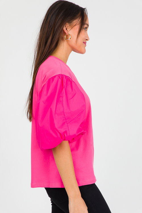 Bonnie Puff Sleeve Tee, Hot Pink - Tops - The Blue Door Boutique