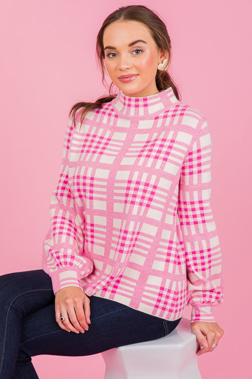 Plaid Puff Audrey Sweater, Hot Pink - New Arrivals - The Blue Door Boutique