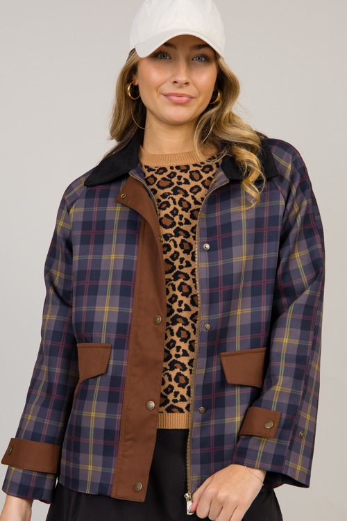 Plaid Corded Collar Jacket, Multi - Tops - The Blue Door Boutique