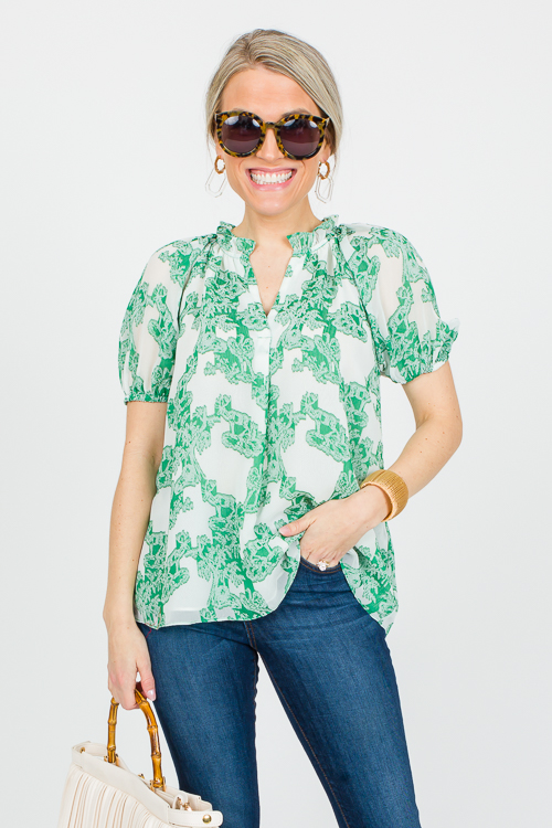 Jacquard Blouse, Deep Mint - Tops - The Blue Door Boutique