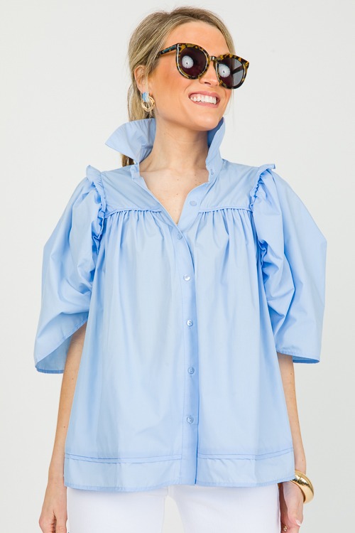 Preppy Button Up Top, Chambray Blue - New Arrivals - The Blue Door Boutique