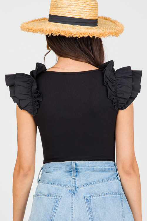 Ruffle Shoulder Rib Bodysuit, Black - New Arrivals - The Blue Door Boutique
