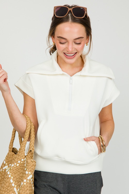 Modal Quarter Zip Top, Cream - Tops - The Blue Door Boutique