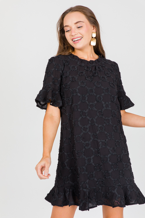 Textured Ruffle Trim Dress, Black - New Arrivals - The Blue Door Boutique