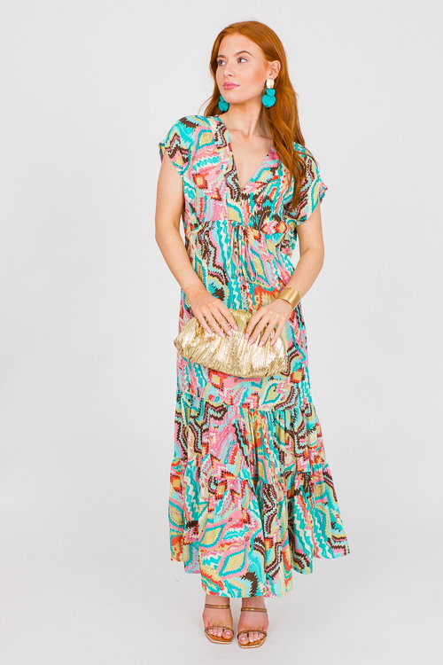 Fuse Foil Draw Waist Maxi, Turquoise - Dresses - The Blue Door Boutique