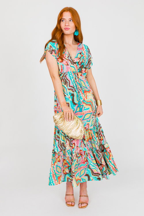 Fuse Foil Draw Waist Maxi, Turquoise - Dresses - The Blue Door Boutique
