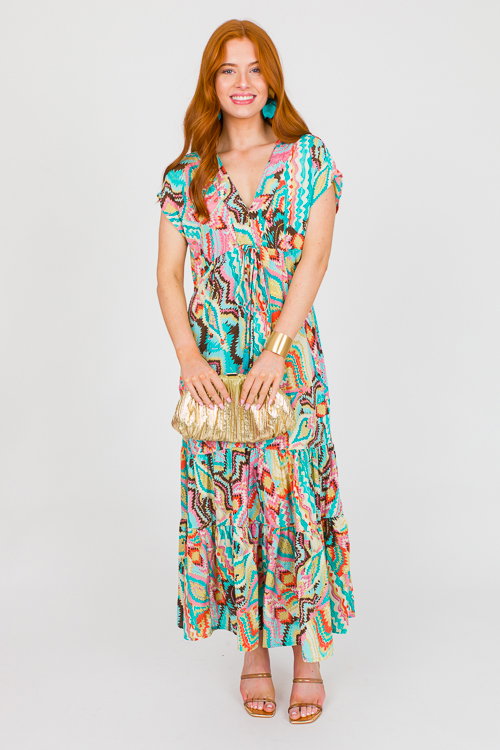 Fuse Foil Draw Waist Maxi, Turquoise - Dresses - The Blue Door Boutique