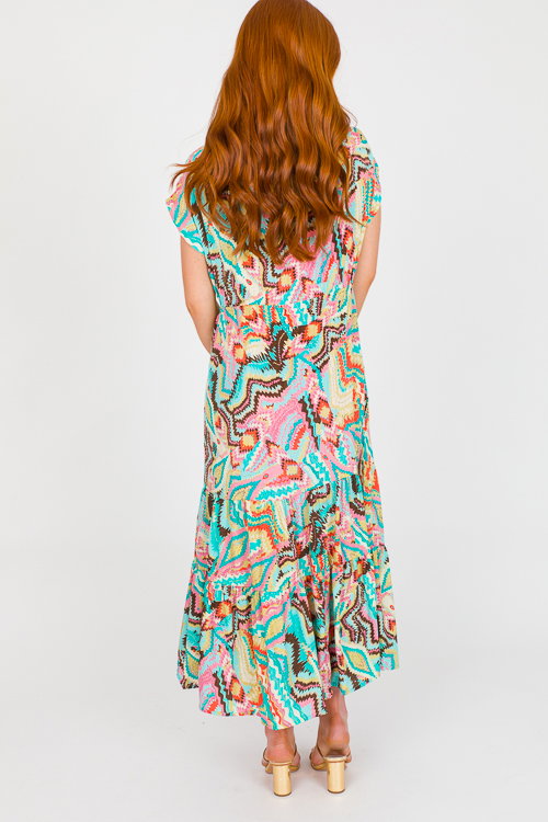 Fuse Foil Draw Waist Maxi, Turquoise - Dresses - The Blue Door Boutique