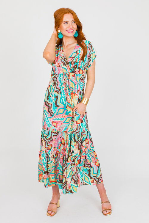 Fuse Foil Draw Waist Maxi, Turquoise - Dresses - The Blue Door Boutique