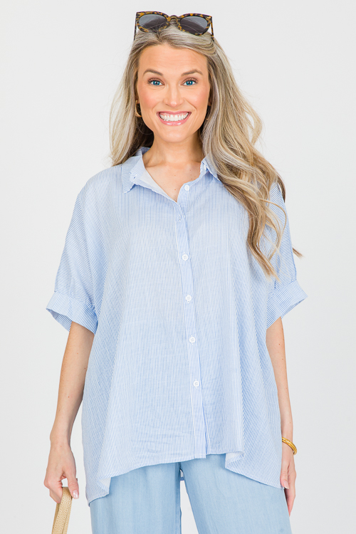 Pinstripe Oversize Shirt, Blue - New Arrivals - The Blue Door Boutique