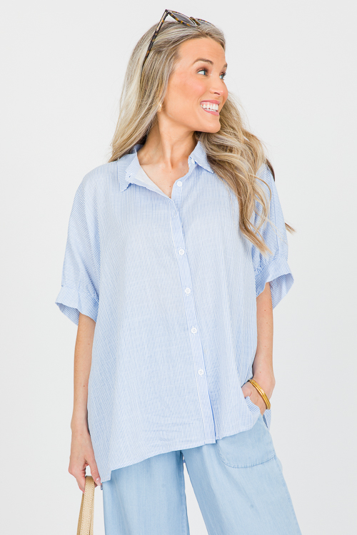 Pinstripe Oversize Shirt, Blue - New Arrivals - The Blue Door Boutique