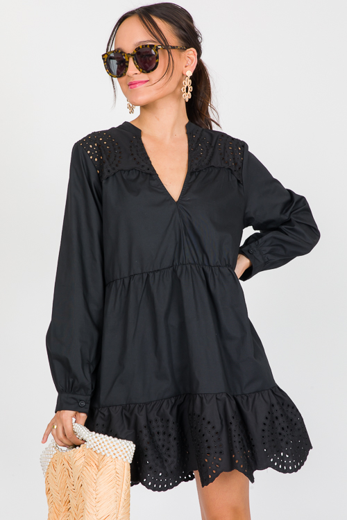 Eyelet Panels Dress, Black - Dresses - The Blue Door Boutique