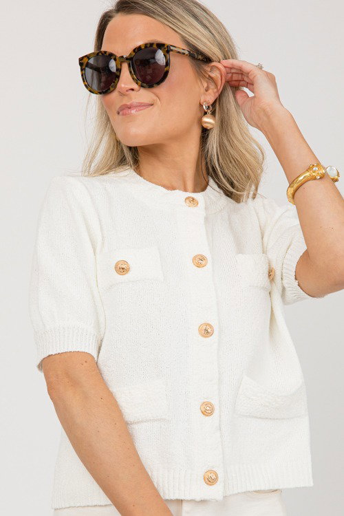 Gold Button SS Sweater, Off White - Tops - The Blue Door Boutique