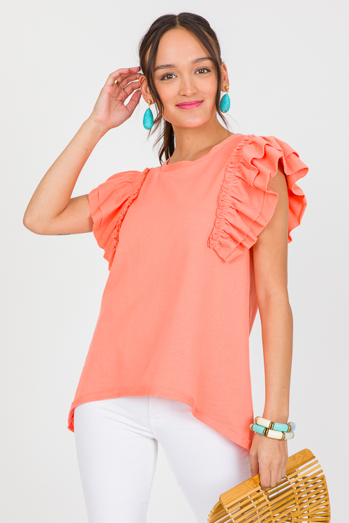 Terry Ruffle Sleeve Top, Sugar Coral - Sale - The Blue Door Boutique