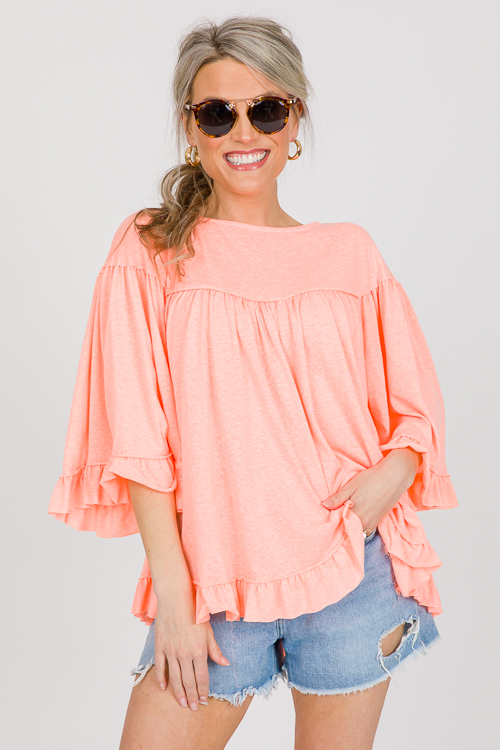 Ruffle Trim Knit Top, Neon Coral - New Arrivals - The Blue Door Boutique
