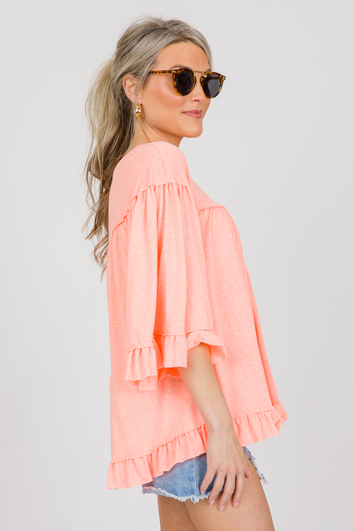 Ruffle Trim Knit Top, Neon Coral - New Arrivals - The Blue Door Boutique