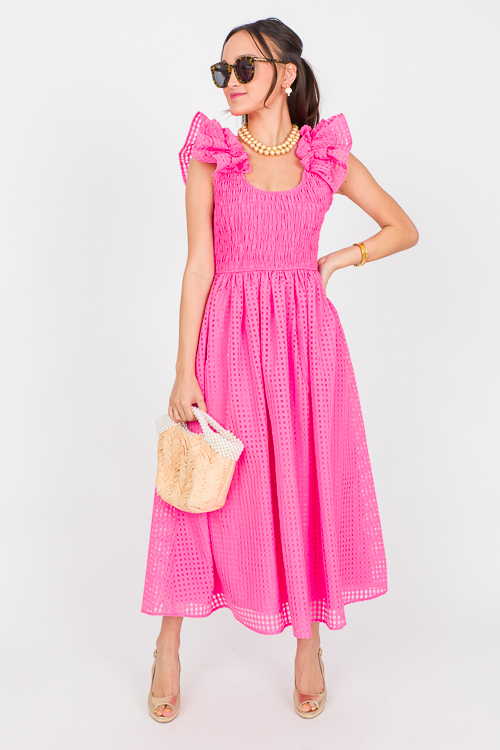 Ruffle Strap Gingham Midi, Hot Pink - New Arrivals - The Blue Door Boutique