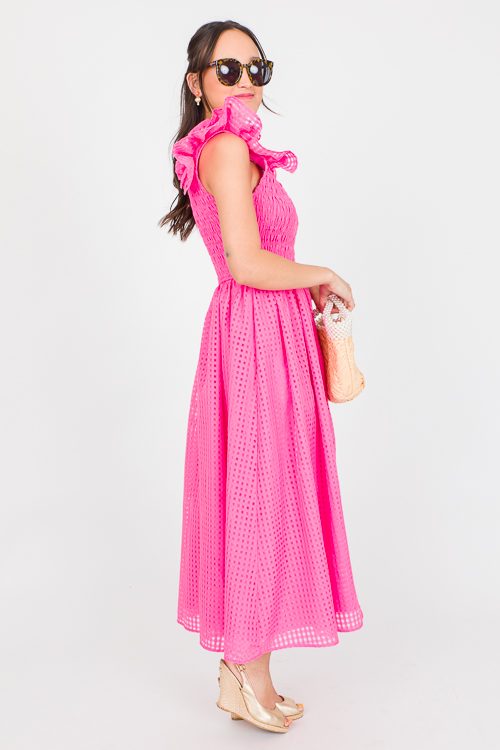 Ruffle Strap Gingham Midi, Hot Pink - New Arrivals - The Blue Door Boutique