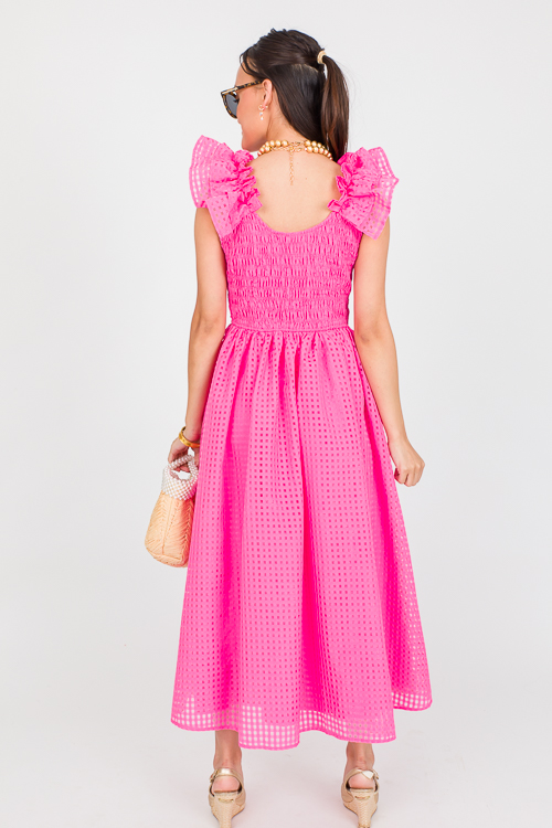 Ruffle Strap Gingham Midi, Hot Pink - New Arrivals - The Blue Door Boutique