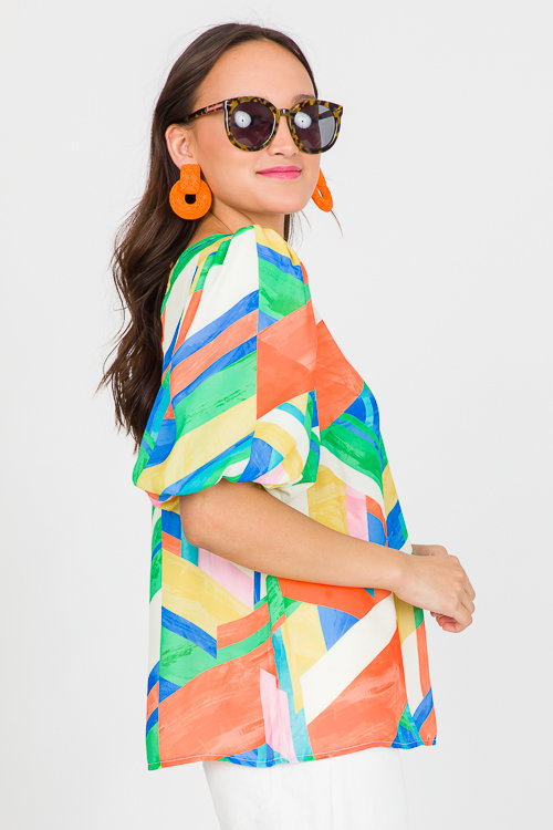 Geo Blouse, Green/Orange - New Arrivals - The Blue Door Boutique