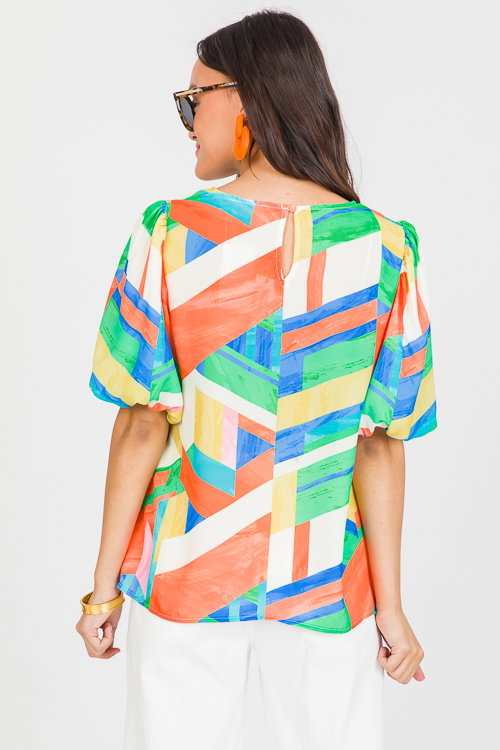 Geo Blouse, Green/Orange - New Arrivals - The Blue Door Boutique