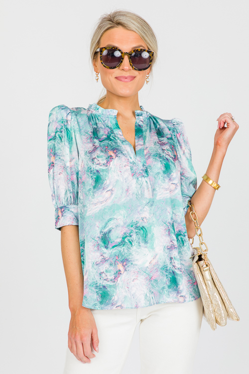 Silky Printed Blouse, Ocean Multi - New Arrivals - The Blue Door Boutique