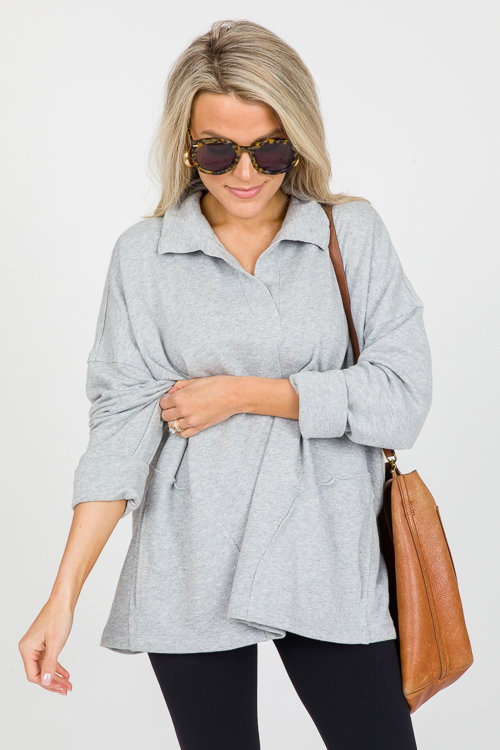 Pop Collar Pullover, H. Grey - New Arrivals - The Blue Door Boutique