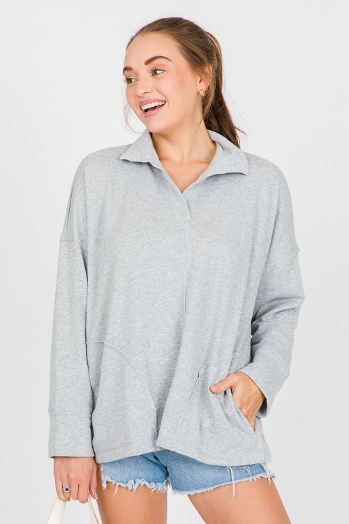 Pop Collar Pullover, H. Grey - New Arrivals - The Blue Door Boutique