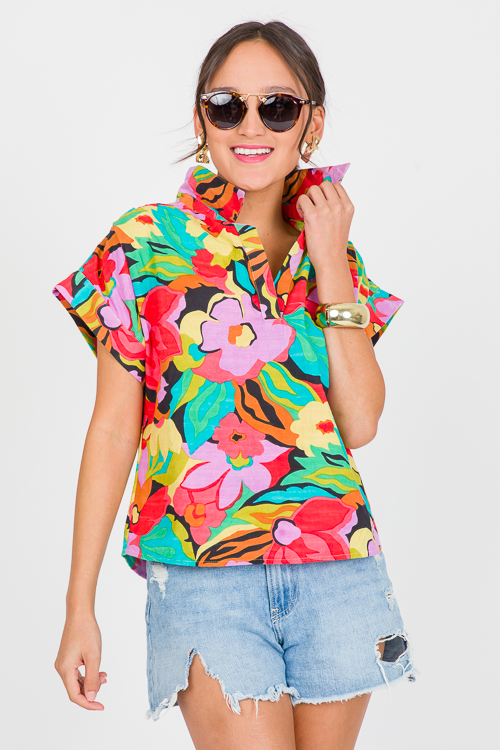 Collared Floral Top, Pink - SALE - The Blue Door Boutique