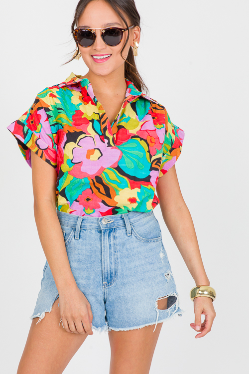 Collared Floral Top, Pink - SALE - The Blue Door Boutique