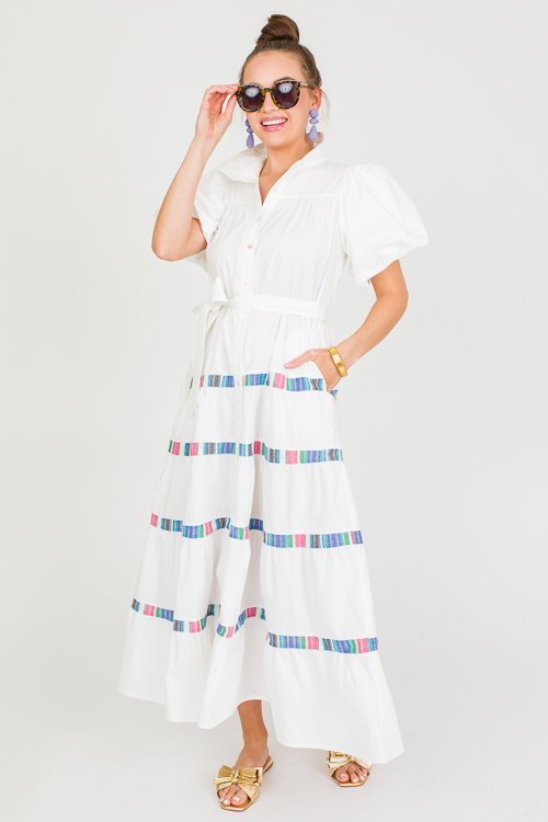 Stripe Panels Belted Maxi, Off White - Dresses - The Blue Door Boutique