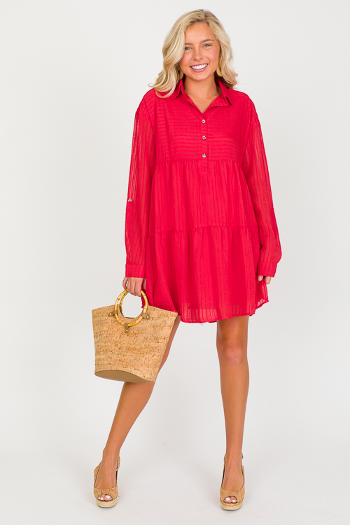 Tonal Texture Tier Dress, Red - New Arrivals - The Blue Door Boutique