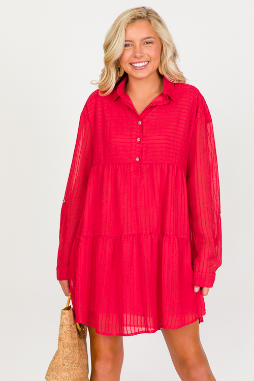 Tonal Texture Tier Dress, Red - New Arrivals - The Blue Door Boutique