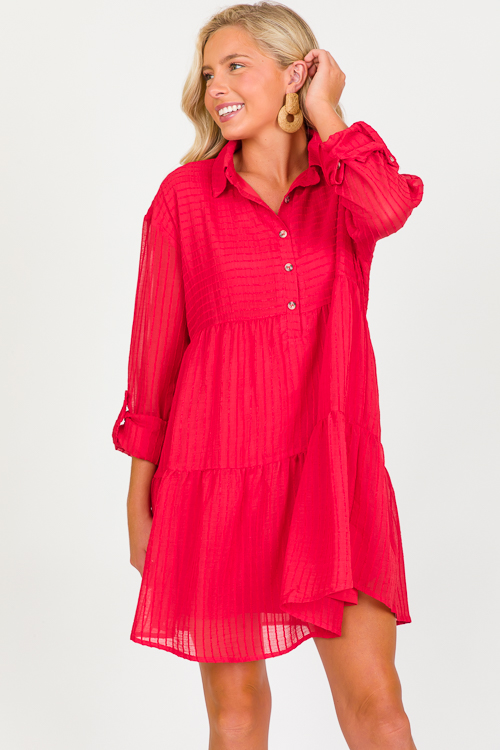 Tonal Texture Tier Dress, Red - New Arrivals - The Blue Door Boutique