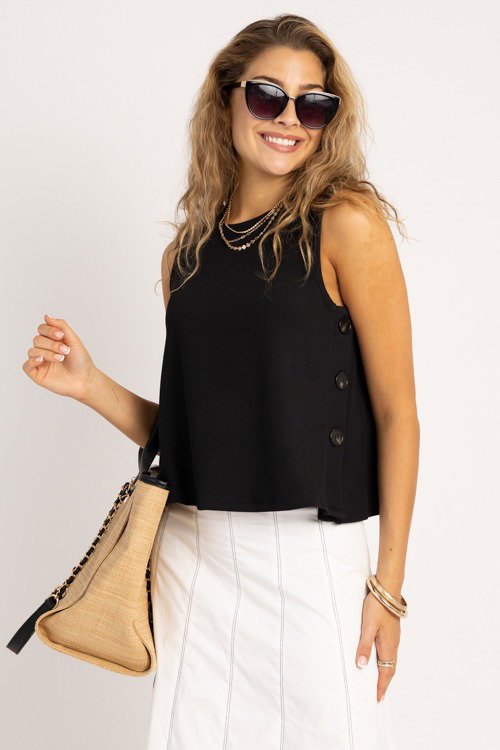 Side Button Knit Tank, Black - Tops - The Blue Door Boutique