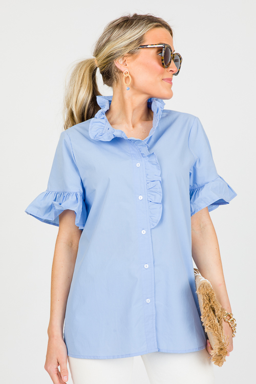 Frilled Button Up Top, Blue - New Arrivals - The Blue Door Boutique