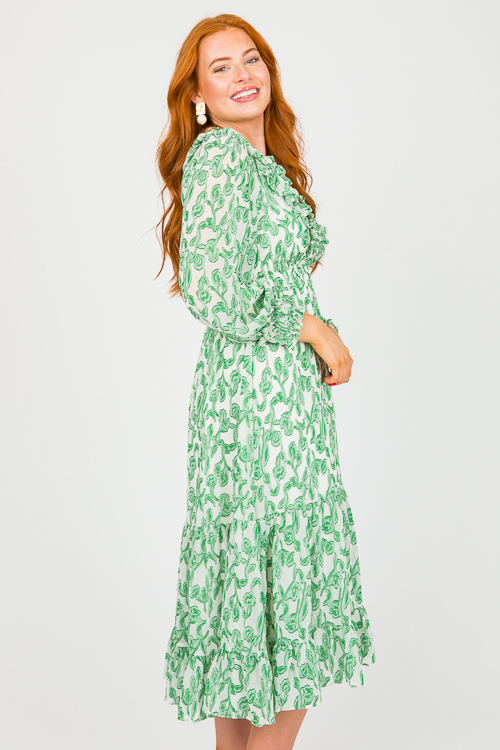 Ruffle V Floral Midi, Green - Dresses - The Blue Door Boutique