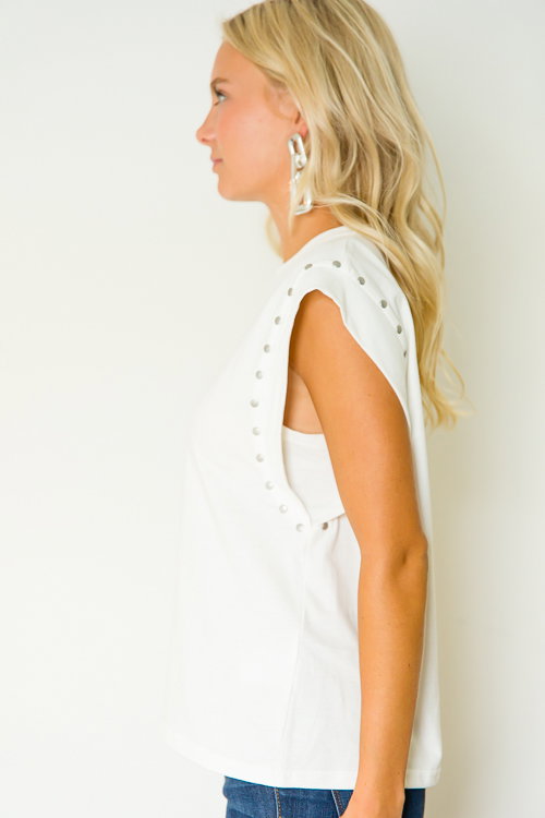 Studded Muscle Tee, White - New Arrivals - The Blue Door Boutique