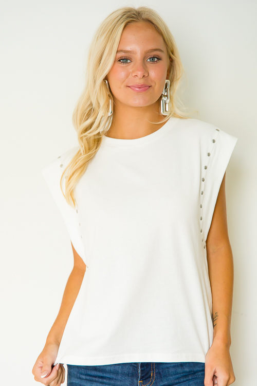 Studded Muscle Tee, White - New Arrivals - The Blue Door Boutique