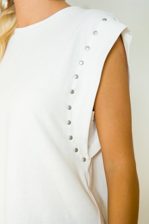 Studded Muscle Tee, White - Tops - The Blue Door Boutique