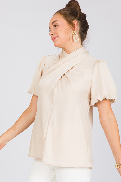 Crossover Satin Blouse, Natural - New Arrivals - The Blue Door Boutique