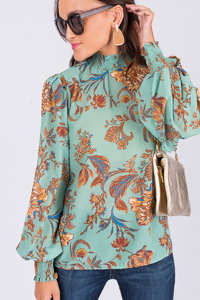 Regal Blooms Top, Sage - Tops - The Blue Door Boutique