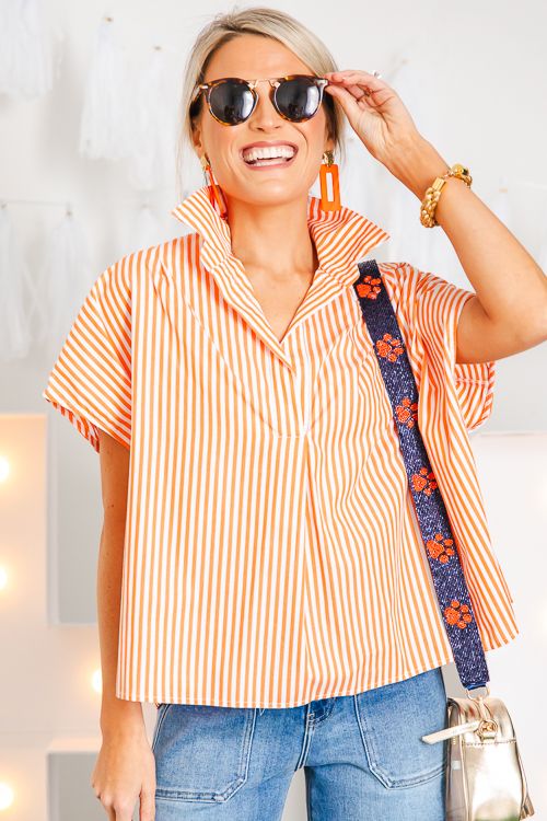 Stripe Collared Top, Orange - Short Sleeve & Sleeveless - Tops - The ...