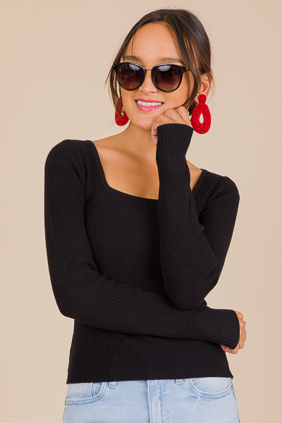 Square Neck Rib Top, Black - New Arrivals - The Blue Door Boutique