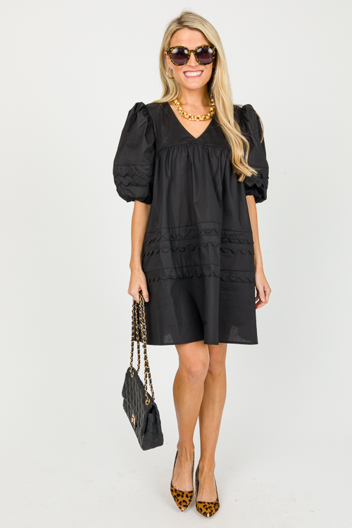 Scalloped Poplin Dress, Black - Dresses - The Blue Door Boutique