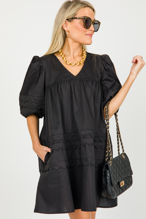 Scalloped Poplin Dress, Black - Dresses - The Blue Door Boutique
