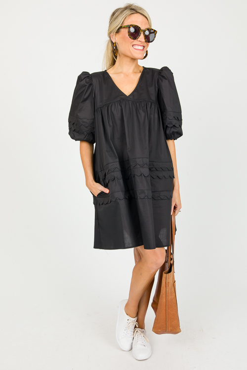 Scalloped Poplin Dress, Black - Dresses - The Blue Door Boutique