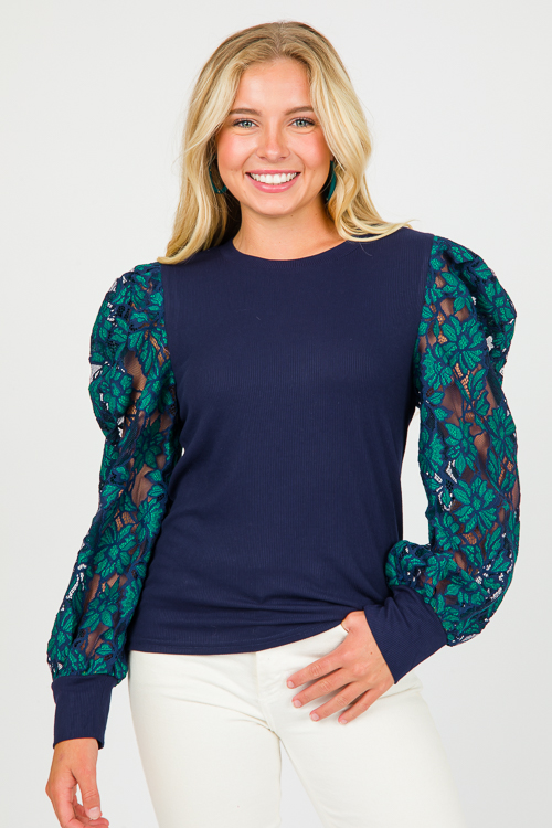 Lace Sleeves Rib Top, Navy - SALE - The Blue Door Boutique